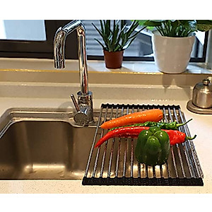 Roll up Dish Drying Rack Over The Sink Dish Drying Rack Portable Stainless Still Rolling Rack Folding Dish Drainer Sink Rack Mat Dish Drying Rack for Kitchen Sink Counter (17.8''LX11.2''W, Black)