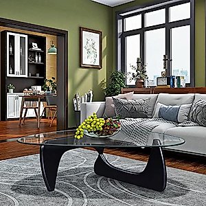 Noguchi Table Triangle Glass Coffee Table with Solid Wood Base, Modern Tempered Glass Accent Table, Sofa Side Table for Living Room Patio Study Office Hotel (Black, 0.472in)