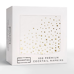 Stylish Gold Cocktail Napkins, Disposable 5x5 Inch Gold Paper Napkins, 100 Gold Star Napkins, 3 Ply White and Gold Napkins, Holiday Cocktail Napkins, Paper Christmas Cocktail Napkins