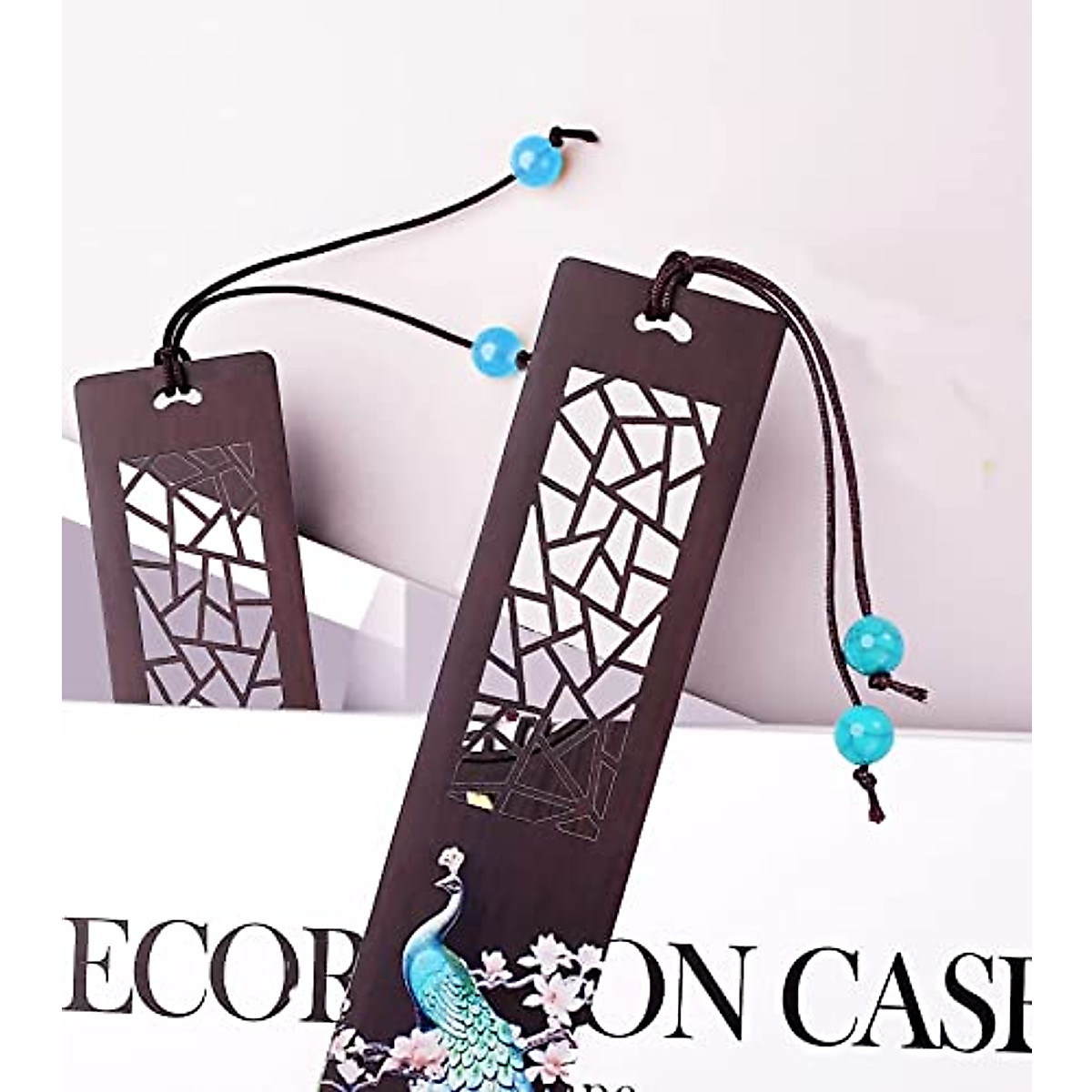 KAIY Handmade Wooden Bookmark Gift Box, Natural Hard Wood Bookmark Peacock Hollowed Out Pattern Color Drawing Bookmark with Tassel, Birthday Gifts for Women Men Teachers Girls Mom Lady Book Lover
