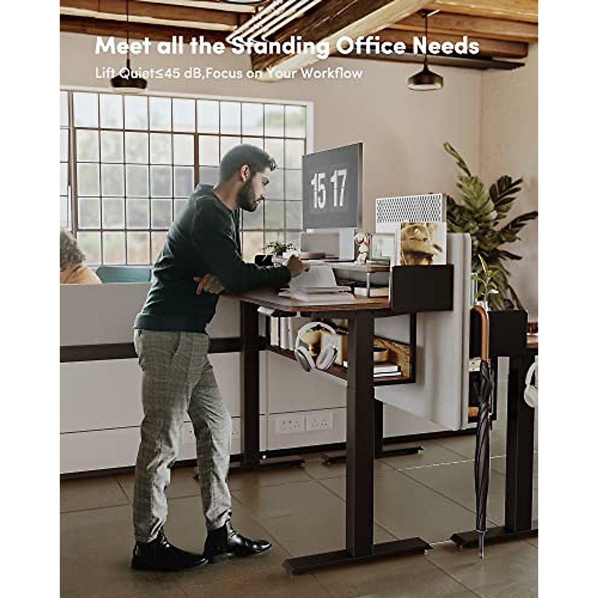 BANTI 48"x24" Standing Desk Adjustable Electric Height with Monitor Stand, Double Storage Shelves Stand Up Desk, Home Office Workstation Sit Stand up Desk (Rustic Brown)