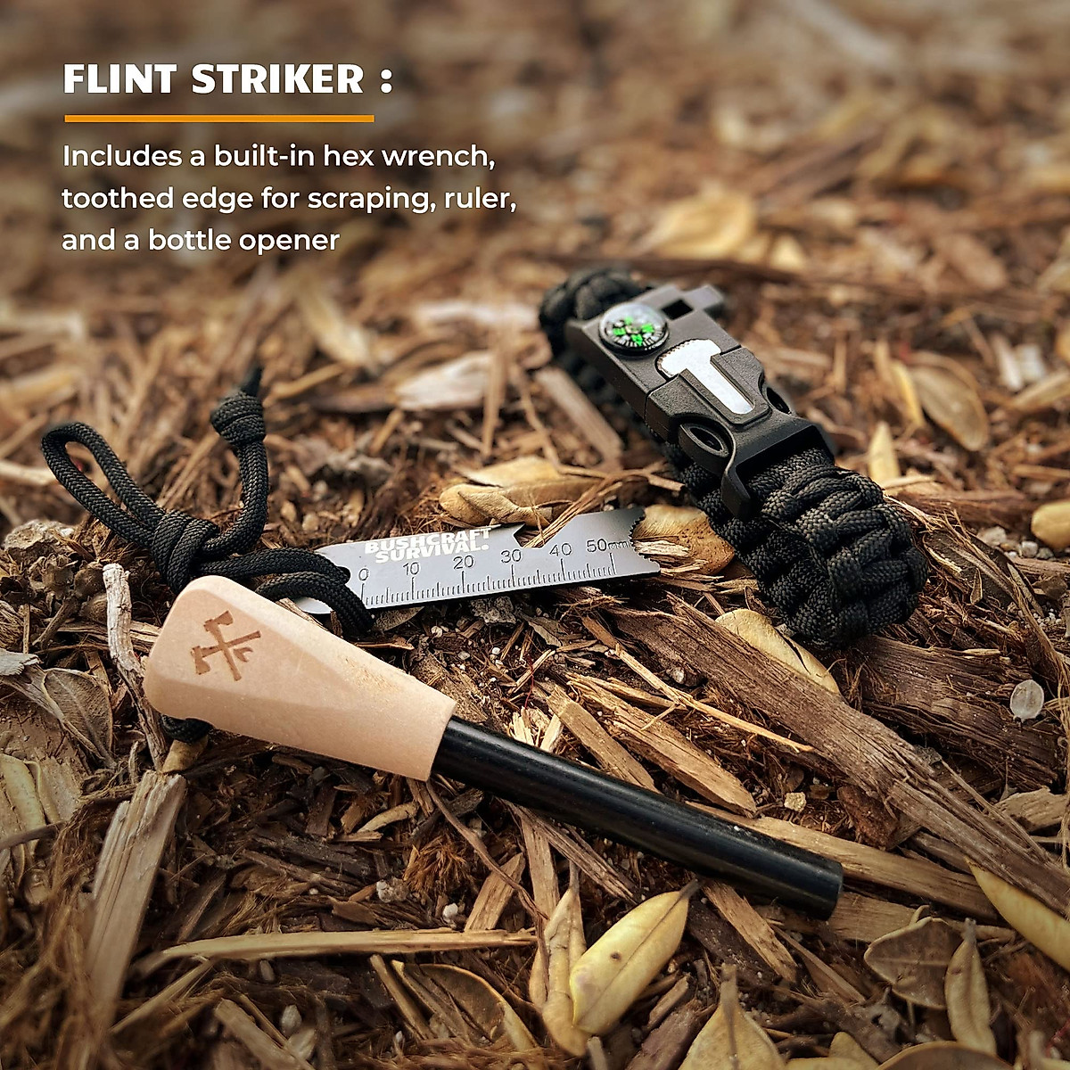 Bushcraft Survival Ferro Rod Fire Starter Kit & Backpacking Multitool | Flint and Steel Striker w/Paracord Bracelet Compass & Whistle | Waterproof Magnesium Farrow Rod Tool & Firestarter for Campfires