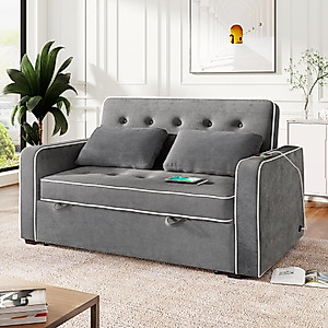 P PURLOVE Upholstered Modern Sofa Bed with Armrest, Convertible Sofa Couch with Adjustable Backrest and Dual USB Charging Port, Sleeper Bed for Living Room, Bedroom, Office, Charcoal Gray