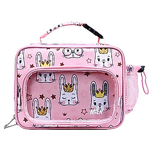 MIER Lunch Bags for Kids Boys Girls Toddlers Cute Insulated Lunch Box Tote School Lunchbox Kit with External Water Bottle Holder/Clear Zipper Pocket (Light Pink-Rabbit)