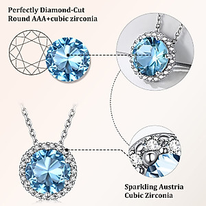 Bestyle 925 Sterling Silver Love Round Cubic Zirconia Necklaces March Aquamarine Birthstone Crystal Pendant for Women, Hypoallergenic Necklaces for Sensitive Skin