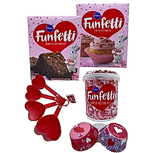 The ULTIMATE Valentine's Day Baking Bundle Set Featuring Pillsbury Funfetti Vanilla Cake Mix, Pillsbury Funfetti Vanilla Frosting with Sprinkles, Pillsbury Funfetti Brownie Mix, Kiss Lips and Happy Valentine's Day Cupcake Liners and Heart Shaped Measuring