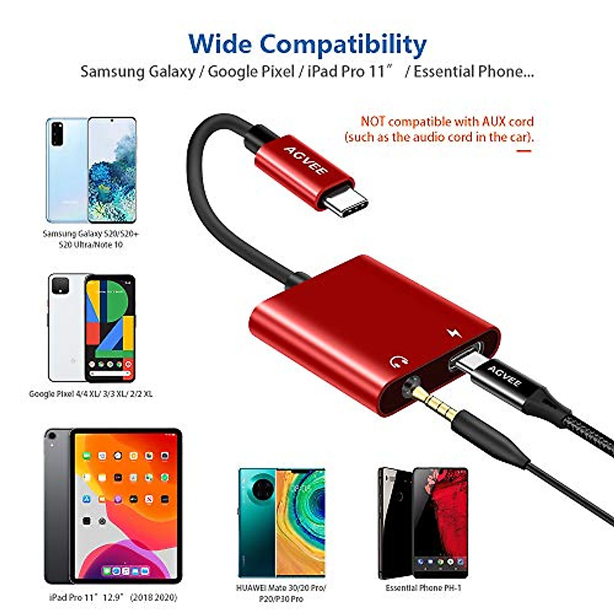 AGVEE 2-in-1 USB-C to 3.5mm Microphone Headphone Adapter, Type-C Mic AUX Earbud Splitter, USBC Audio Earphone Converter, PD 27W Charger Dongle for Samsung S21 S20 Note 20/10, iPad Pro, Pixel, Red
