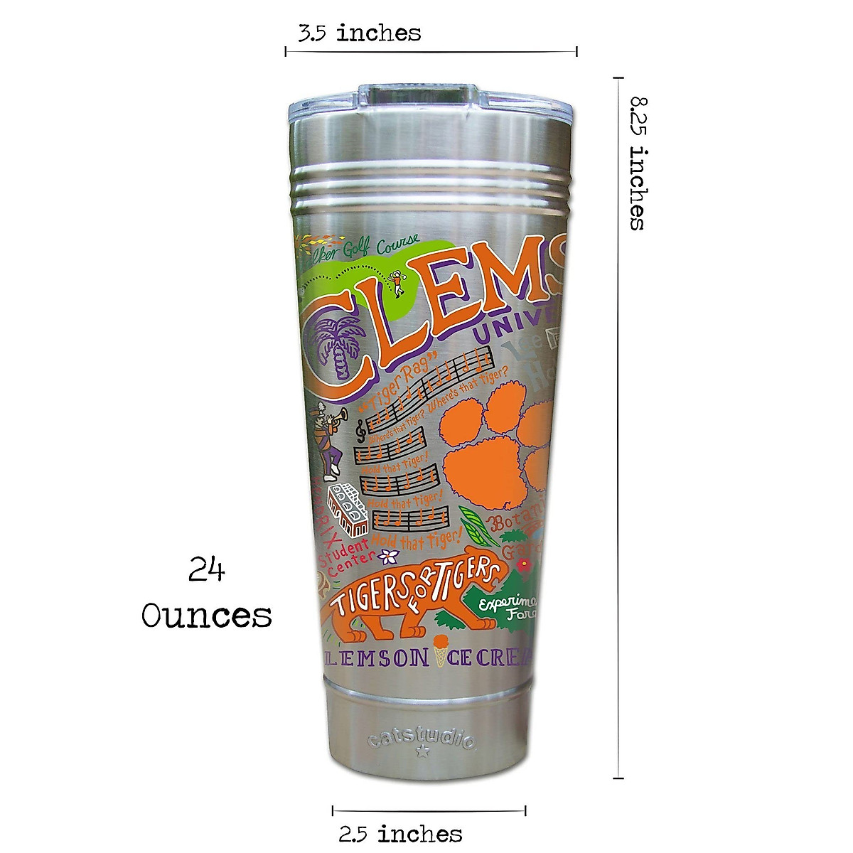 Catstudio Clemson University Collegiate Thermal Tumbler | Triple Wall Insulation With Non Slip Bottom | Great College Travel Cup for Water, Coffee, Tea, or Smoothies