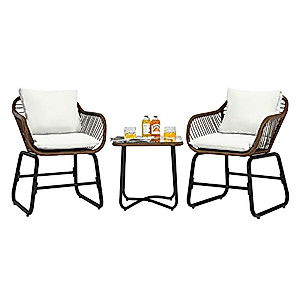 OBIOZZ Patio Furniture Set 3PCS Patio Rattan Bistro Set Cushioned Chair Glass Table Deck White Patio Set, Ideal for Your Backyard, Balcony, Garden for Backyard Porch
