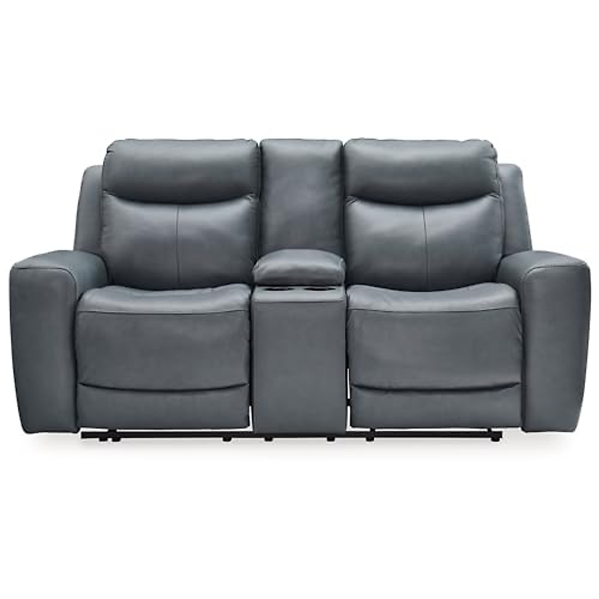 Signature Design by Ashley Mindanao Modern Leather Match Upholstered Power Reclining Loveseat with Console, USB Ports and Cup Holders, Gray