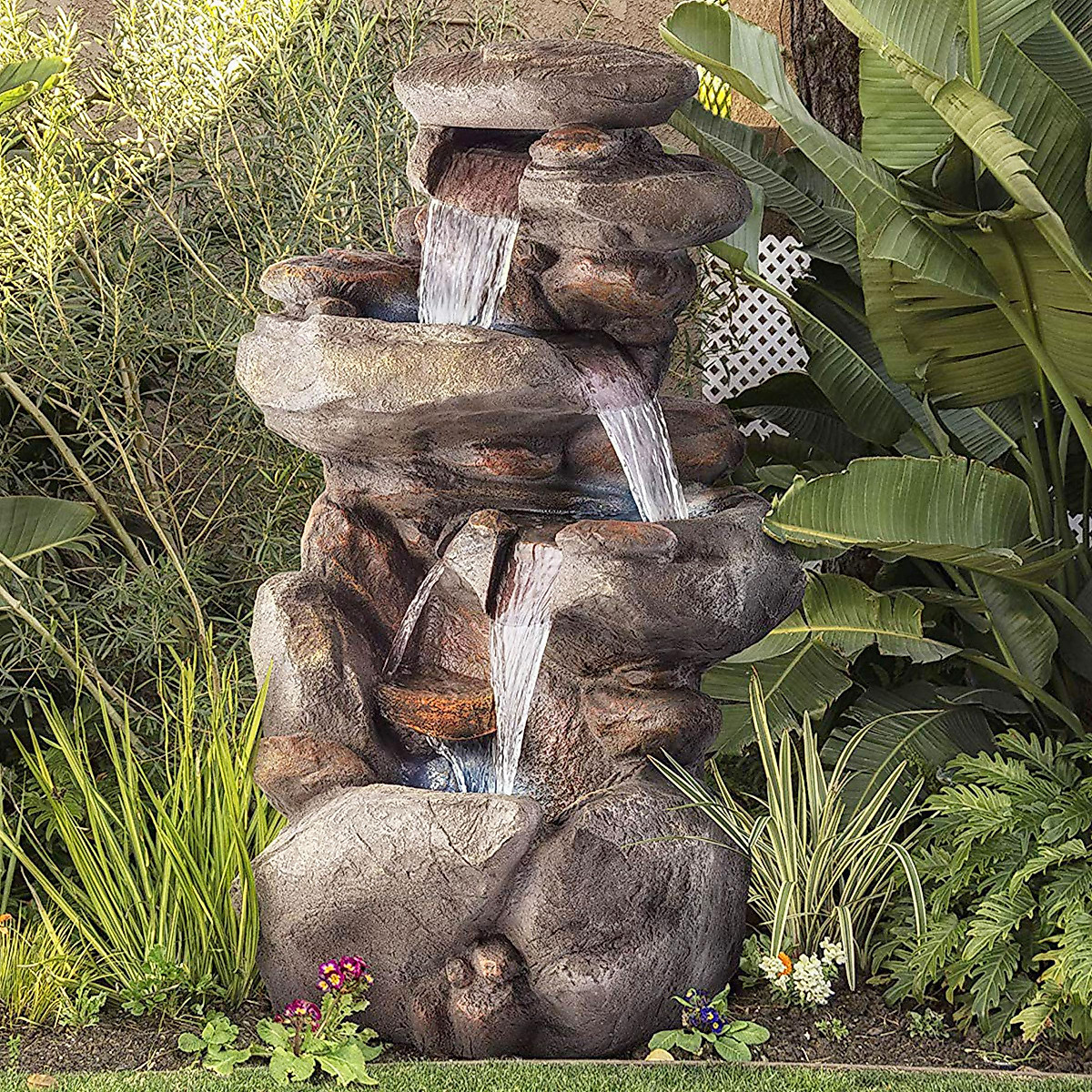 Alpine Corporation WIN316 Outdoor Floor 4-Tiered Rock Water Fountain for Garden or Patio with Natural Stone Look, 40", Light Gray
