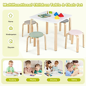INFANS Kids Wooden Table and Stool Set, 5-Piece Activity Table with 4 Stools for Toddler Building Block Drawing Reading Art Crafts, Children Natural Furniture Set for Kindergarten Classroom