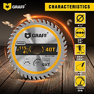 4-1/2 Inch Angle Grinder Circular Saw Blade for Wood, Plywood, Laminate, Drywall, Plastic – 40-Teeth Wood Cutting Disc with 7/8 Inch Arbor from GRAFF