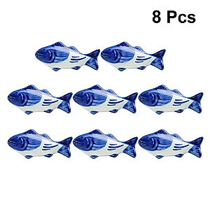 DOITOOL 8pcs Creative Chopsticks Rest Cute Fish Shaped Chopsticks Rack Ceramic Fork and Knife Holder Spoon Stand (Blue+White)