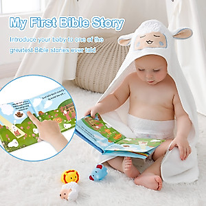 My First Noahs Ark 7 pcs Baptism Gift Set, Dedication, Christening and Baptism Gifts for Boys and Newborn Baby, Includes Washcloth and Hooded Towel, Baby Bath Book, 3 Bath Toys and Gift Bag