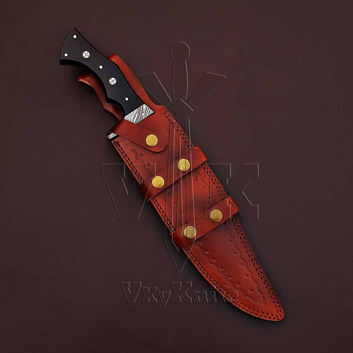 JNR Traders Damascus Bowie Knife with Sheath Full Tang, 15 In Handmade Fixed Blade Hunting Knife with Sheath, Feather Pattern Large Bowie Knife -2083
