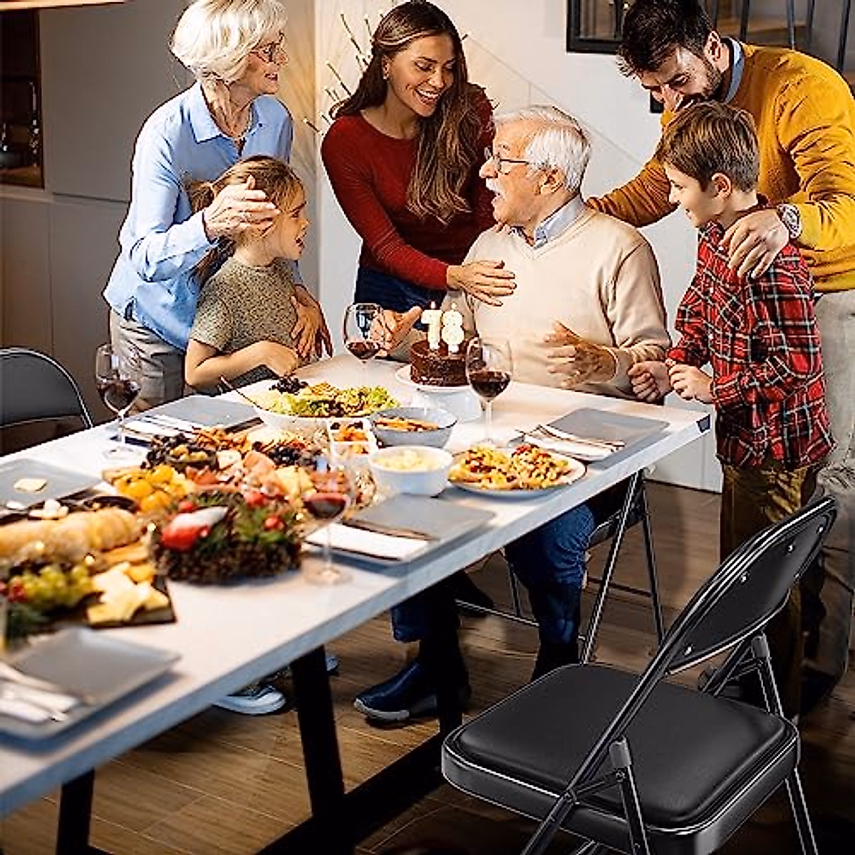 VINGLI 4 Pack Folding Chairs with Padded Seats, Metal Frame with Pu Leather Seat & Back, Capacity 350 lbs, Set of 4, Black