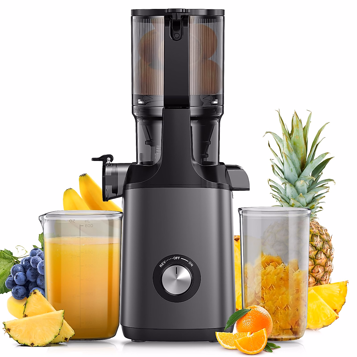 Cold Press Juicer, JoyBear Slow Masticating Machines with 5.3" Extra Large Feed Chute Fit Whole Fruits Vegetables Easy Clean Self Feeding Effortless for Batch Juicing, High Juice Yield, BPA Free 200W