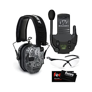 Walker's Razor Digital Ear Muffs (Raid Kryptek) Bundle with Walkie-Talkie and Sport Shooting Glasses (4 Items)