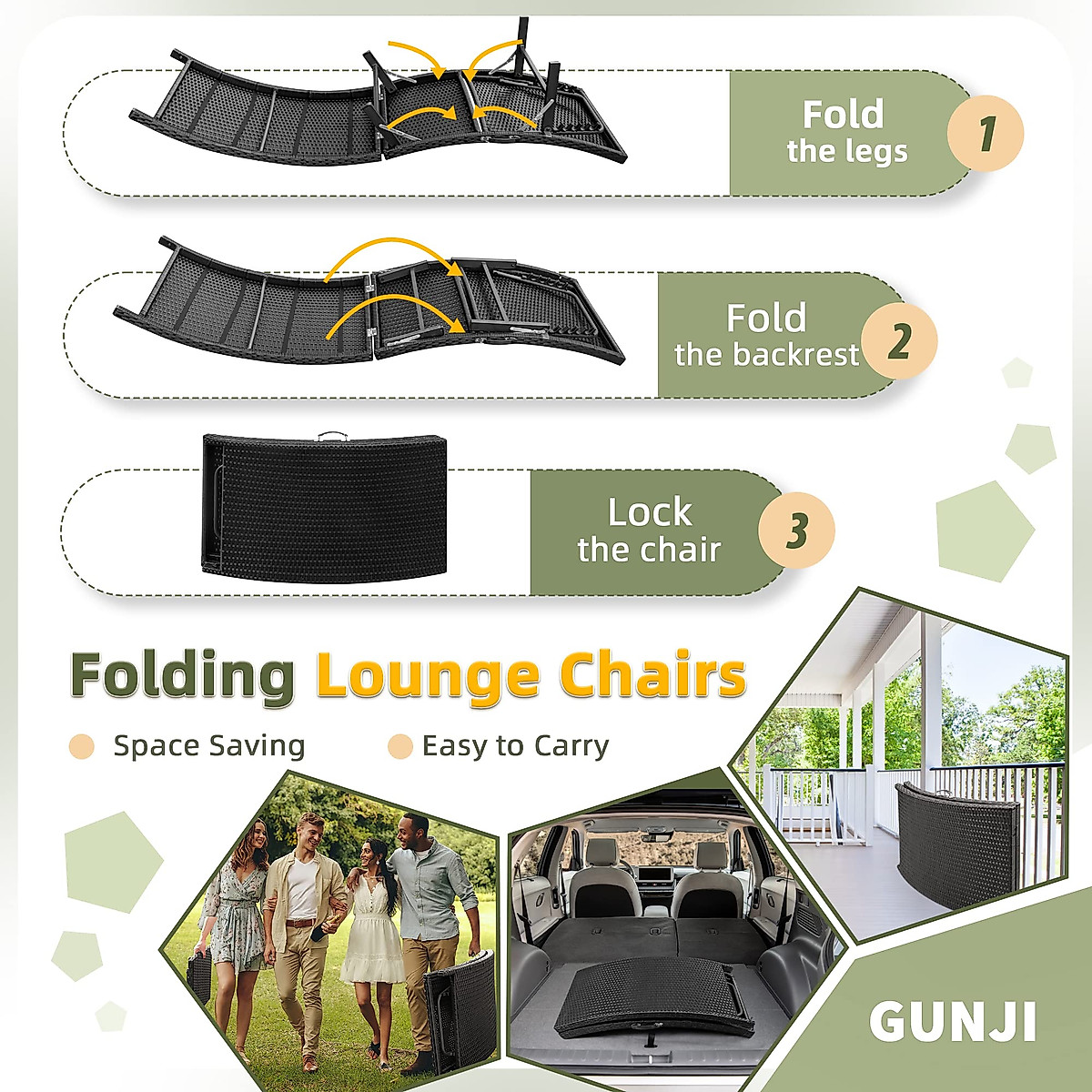 GUNJI Lounge Chairs for Outside 3 Pieces Patio Adjustable Chaise Lounge Outdoor Wicker Lounge Chairs Set of 2 with Table Folding Chaise Lounger for Poolside, Deck, Lawn (Red)