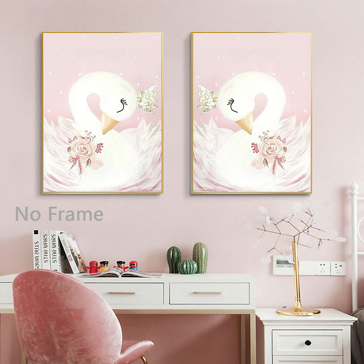 Bfgsrtcbox White Swan Decor Art Gold Crown Wall Art Pink Swan Princess Posters Canvas Painting Baby Girls Room Wall Prints