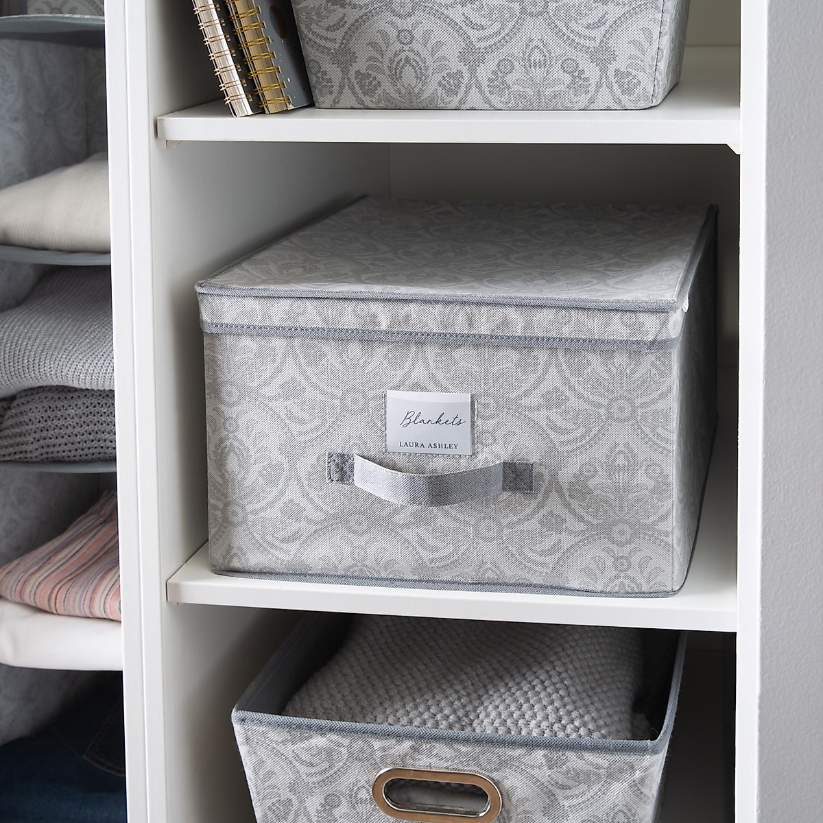Laura Ashley Non-Woven Jumbo Storage Box, Dimensions: L16 x W16 x H10, Collapsible, Durable, Home Organization, Closet Storage, Grey