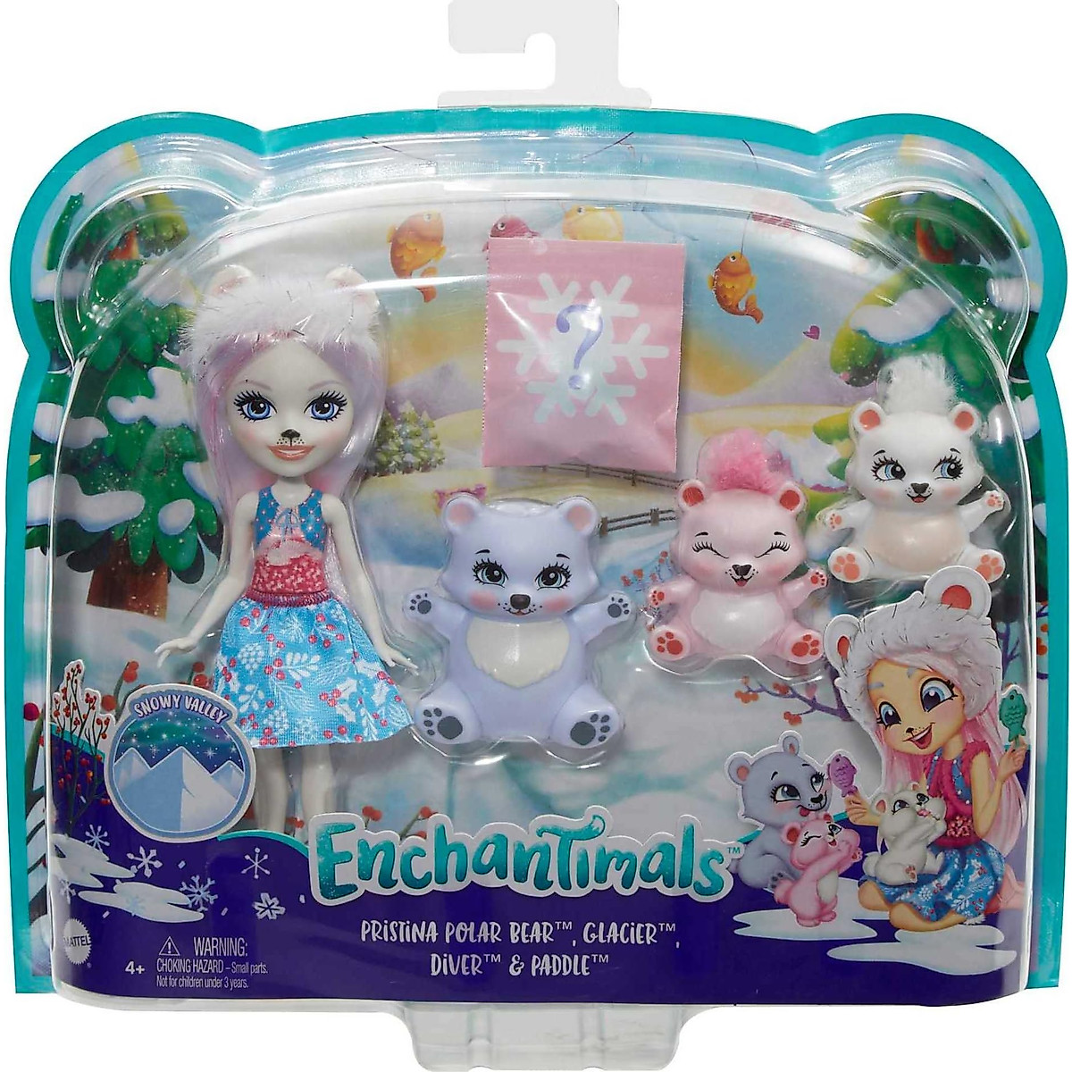 Enchantimals Family Set with Pristina Polar Bear Small Doll & 3 Animal Sibling Figures, Snowy Valley Toy Collection
