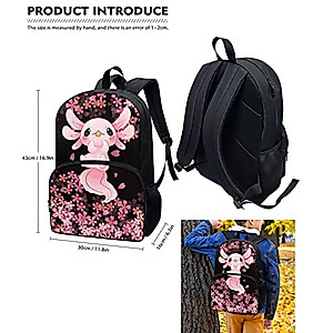 Aoopistc Axolotl & Cherry Blossom School Backpack Set, Bookbag Student Book Bag Travel Daypack with Lunch Box & Water Bottle Bag for Girls