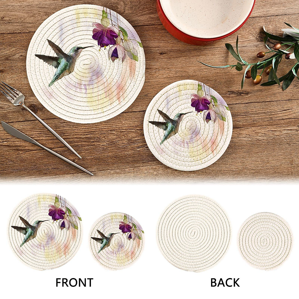 YYZZH Hummingbird Purple Flower Digital Painting Bird Floral Pattern Pot Holders Trivets Set of 2 Round Cotton Thread Weave Potholders for Kitchens Hot Pads Table Mats Coasters for Hot Dishes