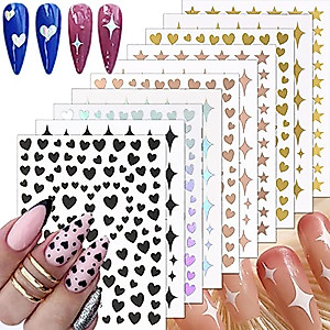 10 Sheets Heart Nail Art Stickers 3D Self-Adhesive Valentine's Day Nail Art Supplies Laser Star Heart Nail Decals Holographic Colorful Glitter Design Nail Decoration Accessories for Women Girls DIY Manicure Tips