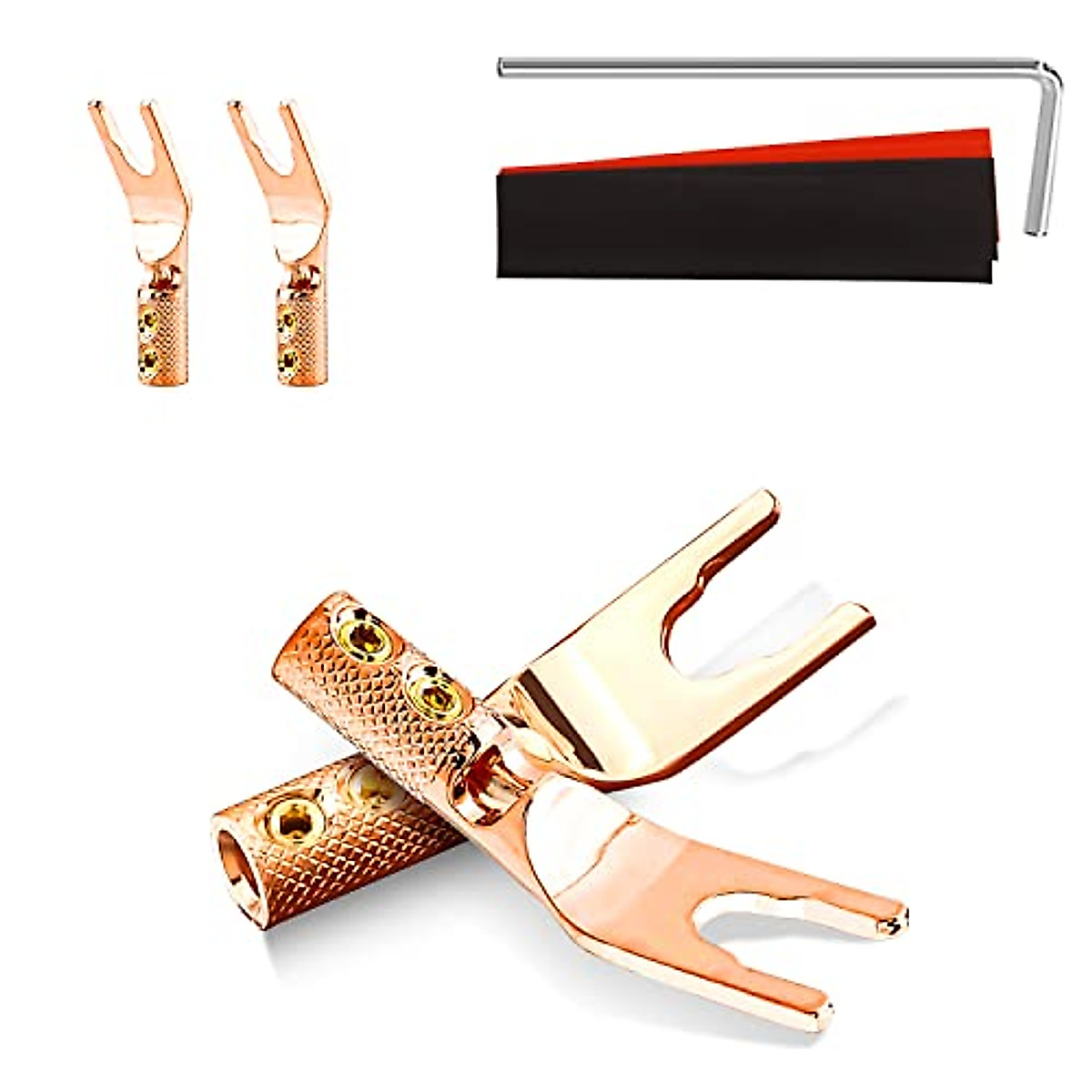 Speaker Spade Plug Connectors, Screw Locking Speaker Wire Connector with Allen Wrench+Heat Shrink Tubing, Fork Y Spade Lugs 45 Degree for Speaker Wire DIY 4PCS (Pure Copper Knurled Style)