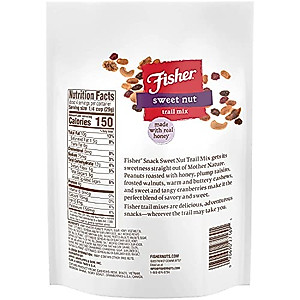 Fisher Snack Sweet Nut Trail Mix, 4 Ounces, Honey Roasted Peanuts, Raisins, Frosted Walnuts, Cashews, Dried Sweetened Cranberries