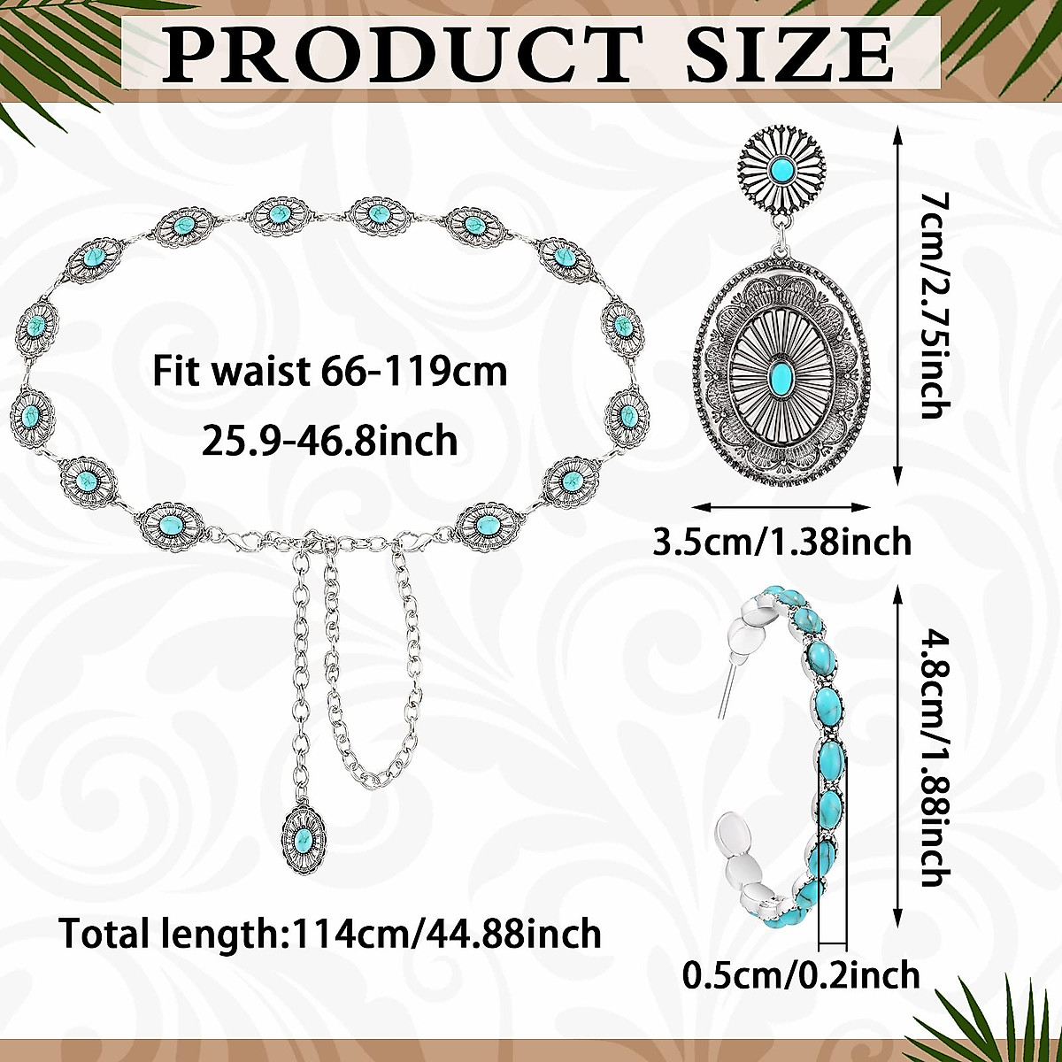 3 Pieces Western Belts for Women Turquoise Chain Belt Turquoise Concho Belts Metal Waist Belts Silver Boho Turquoise Hoop Earrings Western Turquoise Drop Statement Post Earrings Jewelry