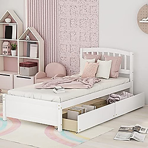 Twin Platform Storage Bed with Headboard, Solid Wood Bed Frame with Two Drawers (White, Twin Size)