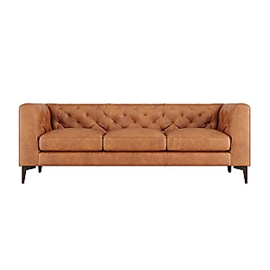 Valencia Avery Leather Couch 89" | Top Grain Nappa 11000 Leather 3 Seater with Tufted Back, Solid Wood Frame, Plush Cushioning, Saddle Tan