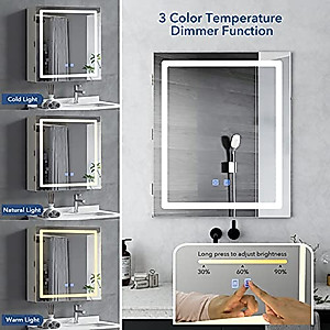 VOWNER Bathroom Medicine Cabinet with LED Lights and Mirror, Wall Mounted Mirror Cabinet with Adjustable Shelf, Defogger, Memory 3-Color Mode, Dimmer, Anti-Fog (20"×24")