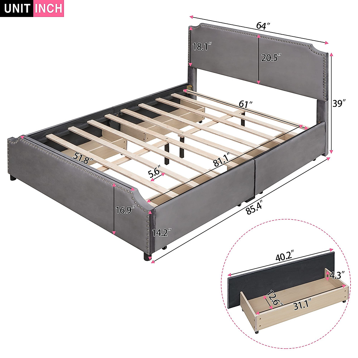 BIADNBZVelvet Queen Size Platform Bed Frame with Stud Trim Headboard and Footboard,4 Drawers for Bedroom/Guestroom,No Box Spring Needed,Gray