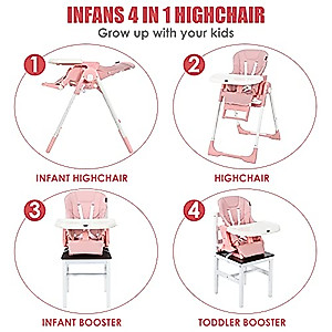 INFANS 4 in 1 High Chair–Booster Seat, Convertible Highchair w/Adjustable Height and Recline,Removable Tray,DetachableCushion, Installation-Free,Simple Fold for Baby, Infant& Toddler (Pink)