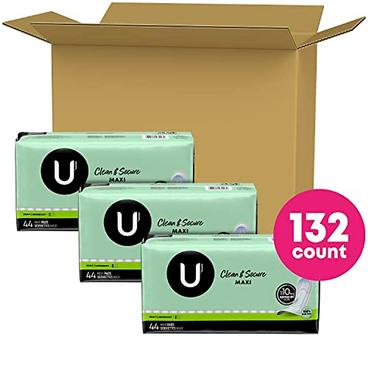 U by Kotex Security Maxi Feminine Pads, Heavy Absorbency, Unscented, 132 Count (3 Packs of 44) (Packaging May Vary)
