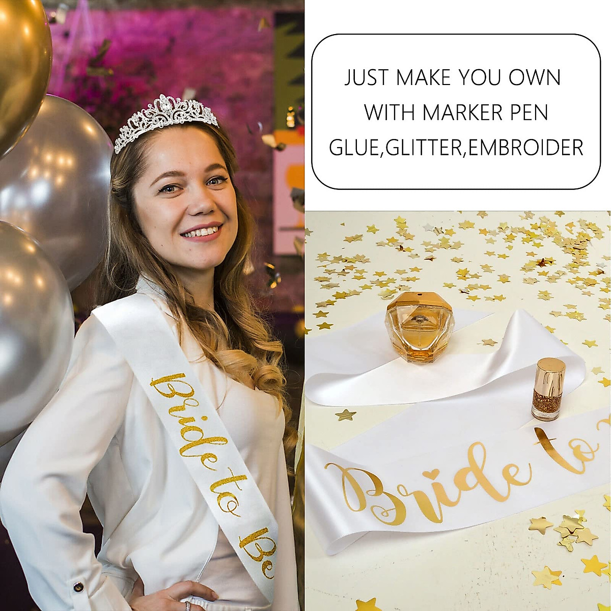 CIEHER Crown and Sash, White Sash Blank Satin Sash Prom Crown Custom Sash Court Sash Mommy to Be Sash Birthday Sash Bride to Be Sash Bachelorette Sash and Crown Graduation Sash Make Your Own