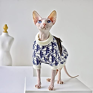 Sphynx Cat Clothes,Sphynx Hairless Cats Turtleneck Sweater Blue Line Aesthetic Design, Breathable Cat Wear Clothes Sweater for Sphynx, Cornish Rex, Devon Rex, Peterbald (L)
