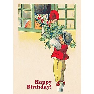 PIXILUV HAPPY BIRTHDAY Greeting card ~ Visiting a Pretty Woman to give Four Leaf Clovers ~ Birthday Wishes Vintage Large Greeting Card
