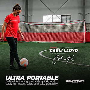 PowerNet Carli Lloyd Soccer Goal 24 x 8 | Regulation Goal Size | Portable Instant Net | Collapsible Metal Base | Quick Setup Easy Storage | 1 Goal+1 Wheeled Carrying Bag | Full Size