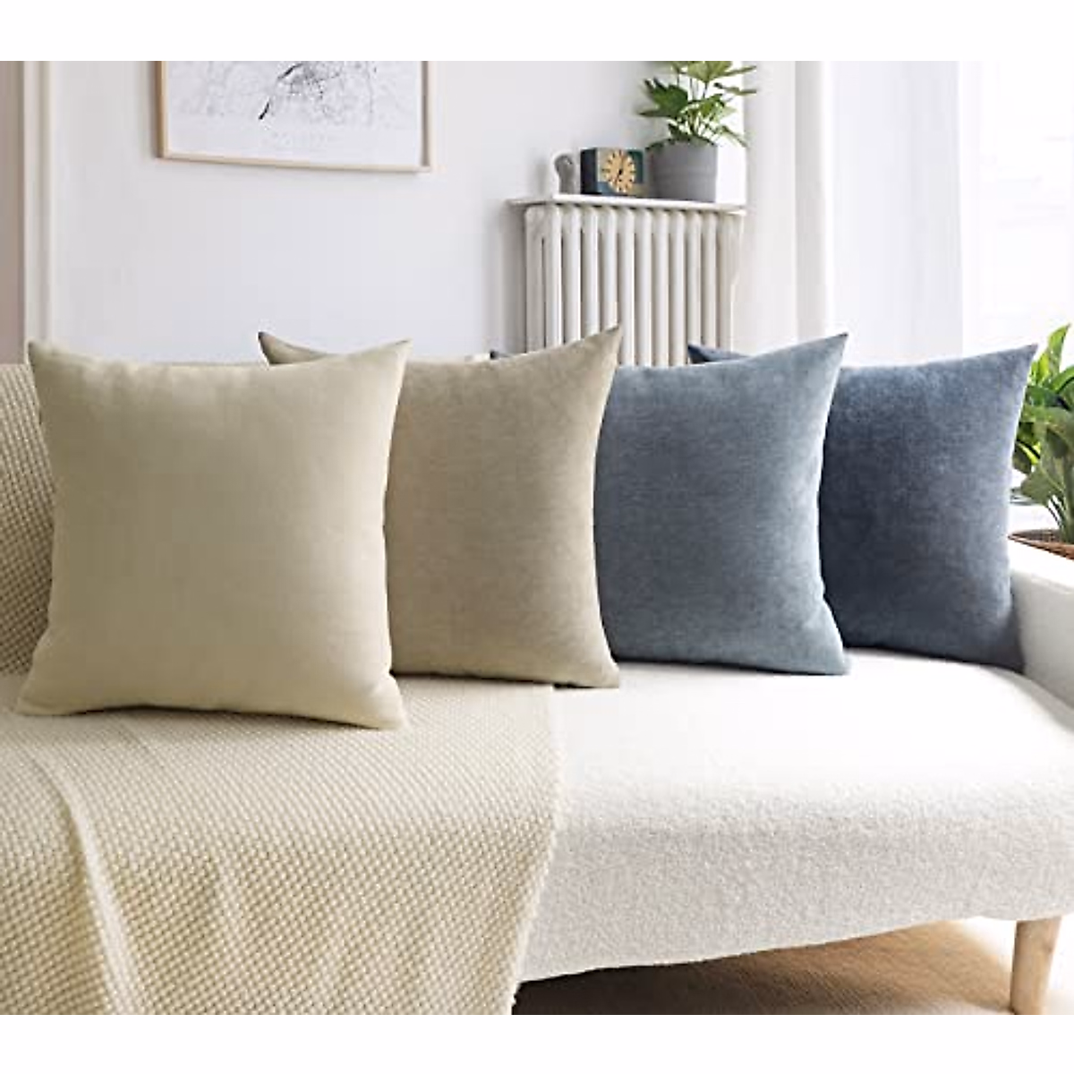 JIANTKJ Decorative Throw Pillow Covers 18x18, Set of 4 Soft Chenille Throw Pillowcases Square Pillow Covers Home Decor for Couch Sofa Bed Living Room, Pillow Inserts Not Included(Blue/Beige)