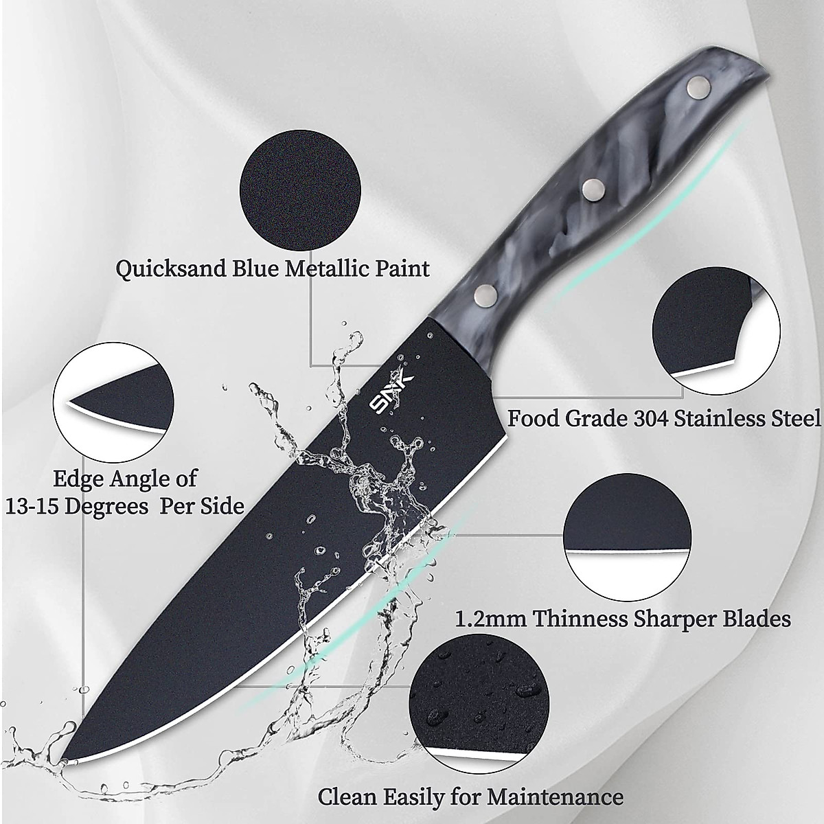 SNK 8 Inch Professional Chef Knife, Kitchen Knife with Full Tang and Ergonomic Acrylic Resin Handle, Quicksand Metallic Coating, Cooking Knife for Chopping and Slicing with Gift Box, Gray