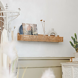Synovana Boho Long Rattan Wall Shelf Farmhouse Woven Wall Mounted Shelf Basket Organizer Storage Rustic Floating Hanging Wall Shelf for Livingroom Home Decor