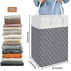 HomeHacks Laundry Baskets, Laundry Hamper with Long Handles, Collapsible Waterproof Clothes Hamper, Durable Tall Laundry Bin, Clothes Hamper for Bedroom, Bathroom, Dorm, Toys, 75L, 2-Pack, Grey