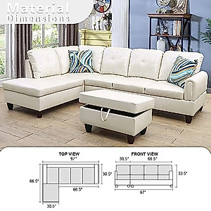 HOMVET Peaerl Faux Leather Sectional Sofa Furniture Set,L-Shape Couch with Left Chaise,Storage Ottoman,and 2 Pillows,for Living Room/Apartment/Office, Pearl White