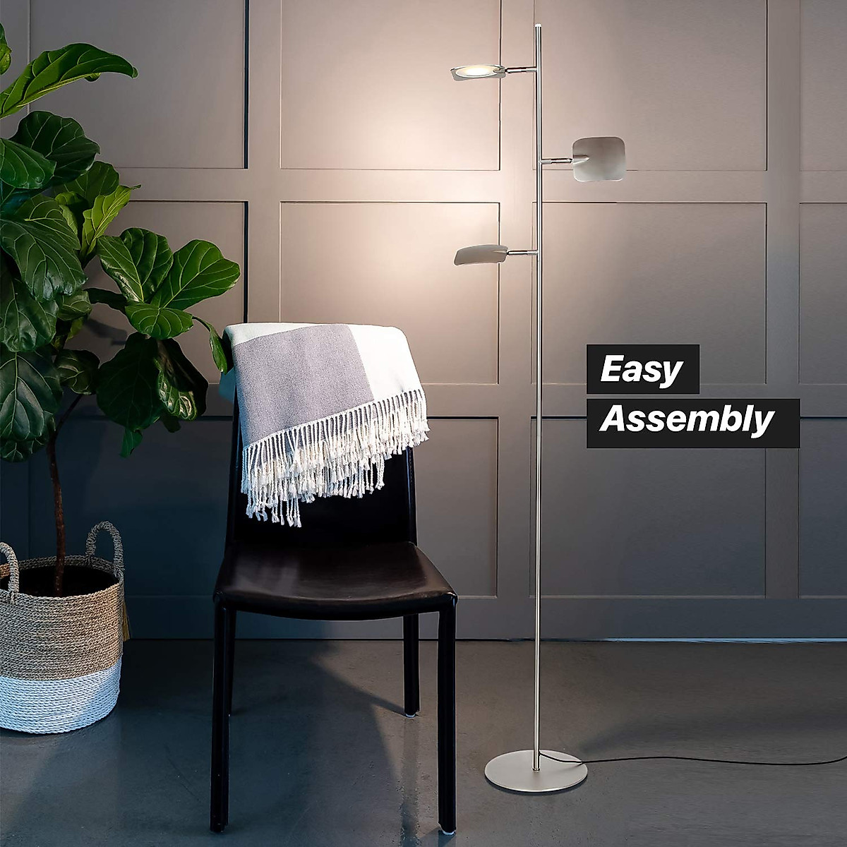 Brightech Tree Floor Lamp for Living Rooms & Offices, Dimmable Standing Lamp for Bedroom Reading, LED Spotlight Floor Lamp, Tall Lamp with Adjustable Panels for Minimal Space Use - Satin Nickel