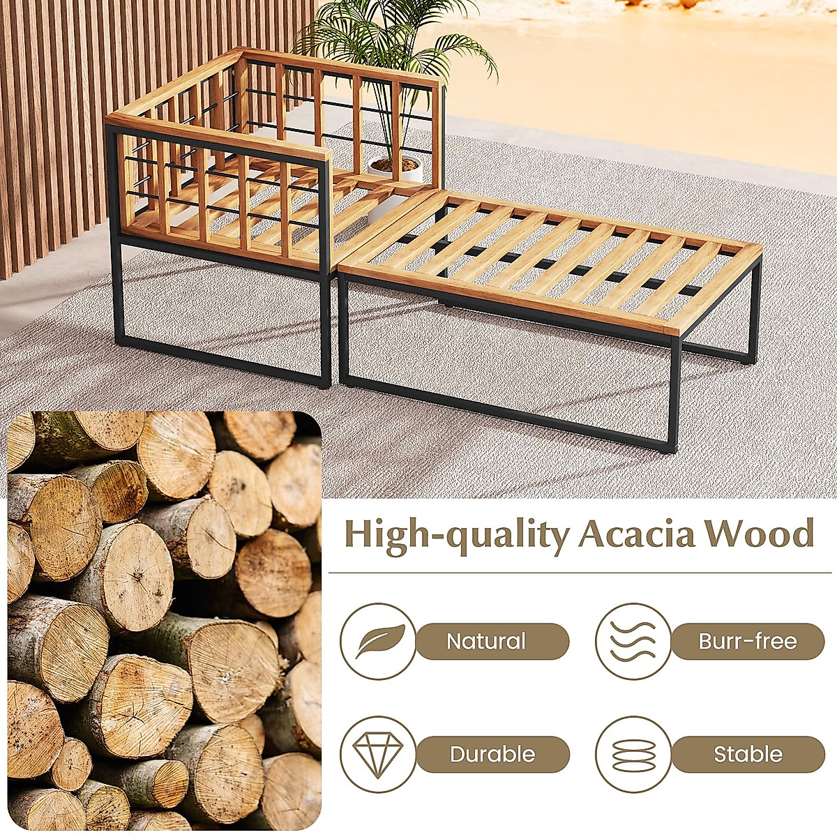 Tangkula Outdoor Chaise Lounge Chair, Acacia Wood Heavy Duty 1200 lbs Weight Capacity Wooded Patio Chair and Ottoman Set for Backyard, Poolside, Garden Deck or Balcony